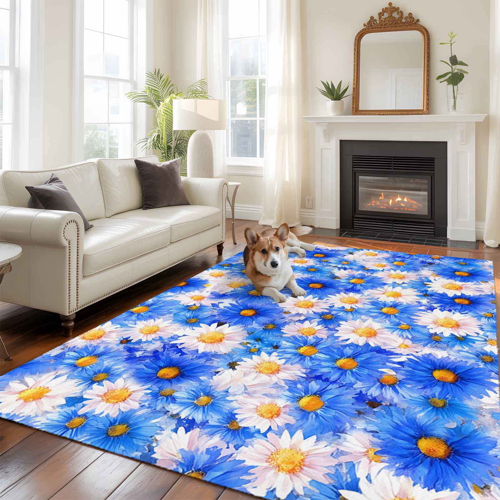 6'x9' Area Rugs, Blue Flower Indoor Outdoor Area Rug for Living Room ...