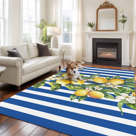 6'x9' Area Rugs, Blue Stripes Lemon Indoor Outdoor Area Rug for Living ...