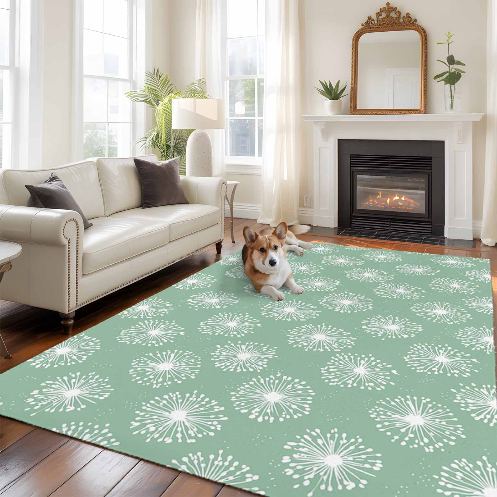 6'x9' Area Rugs, Green White Dandelion Indoor Outdoor Area Rug for ...