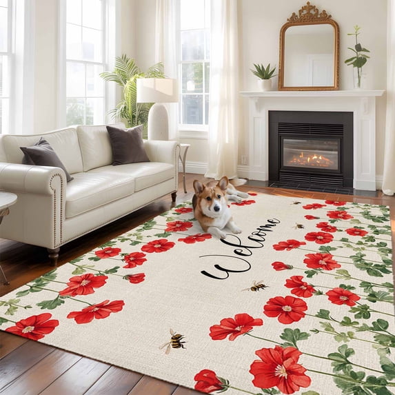 6'x9' Area Rugs, Red Spring Floral Indoor Outdoor Area Rug for Living ...