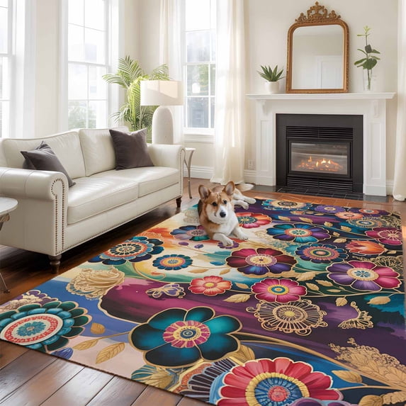 6'x9' Area Rugs, Retro Purple Floral Indoor Outdoor Area Rug for Living ...