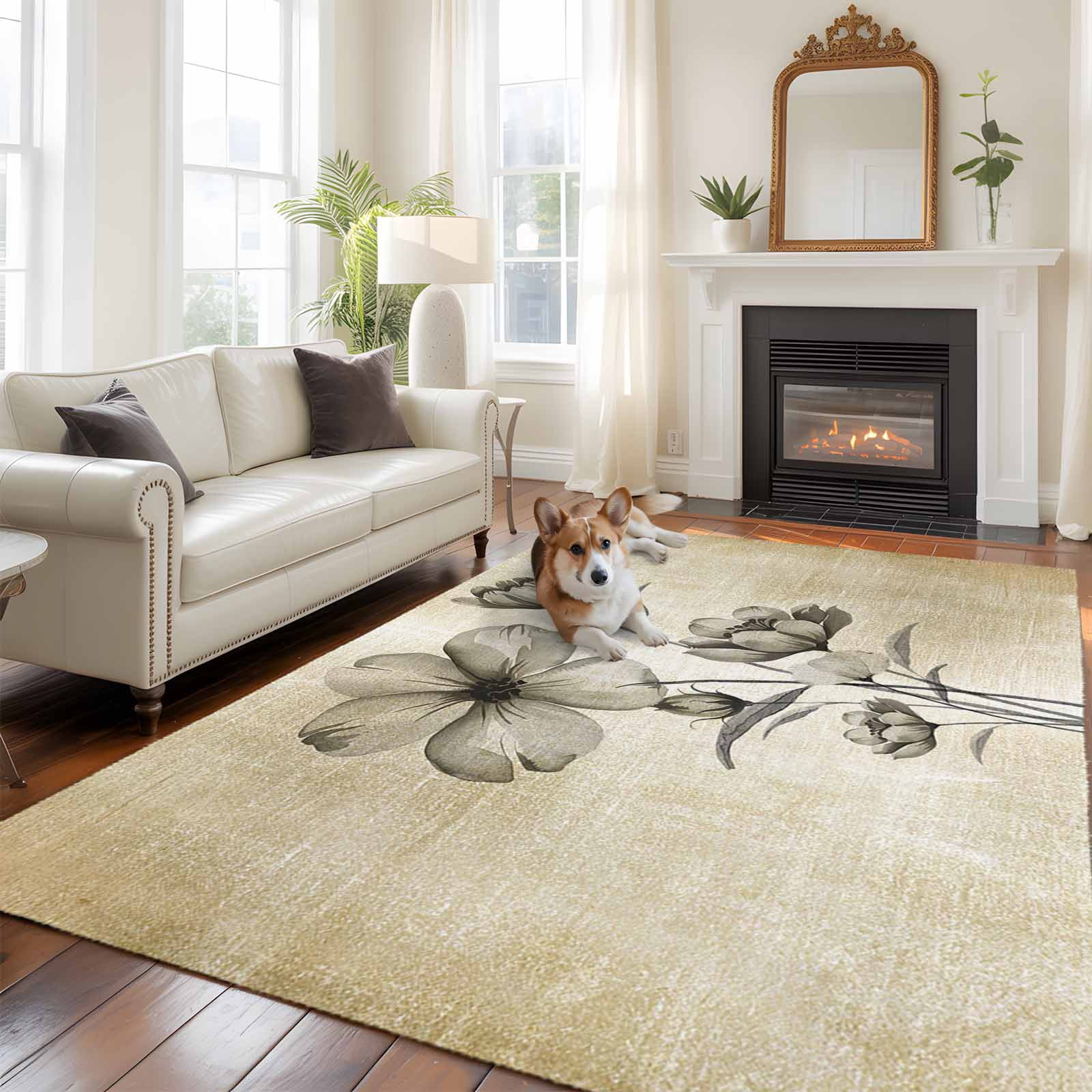 6'x9' Area Rugs, Yellow Beige Flower Indoor Outdoor Area Rug for Living ...