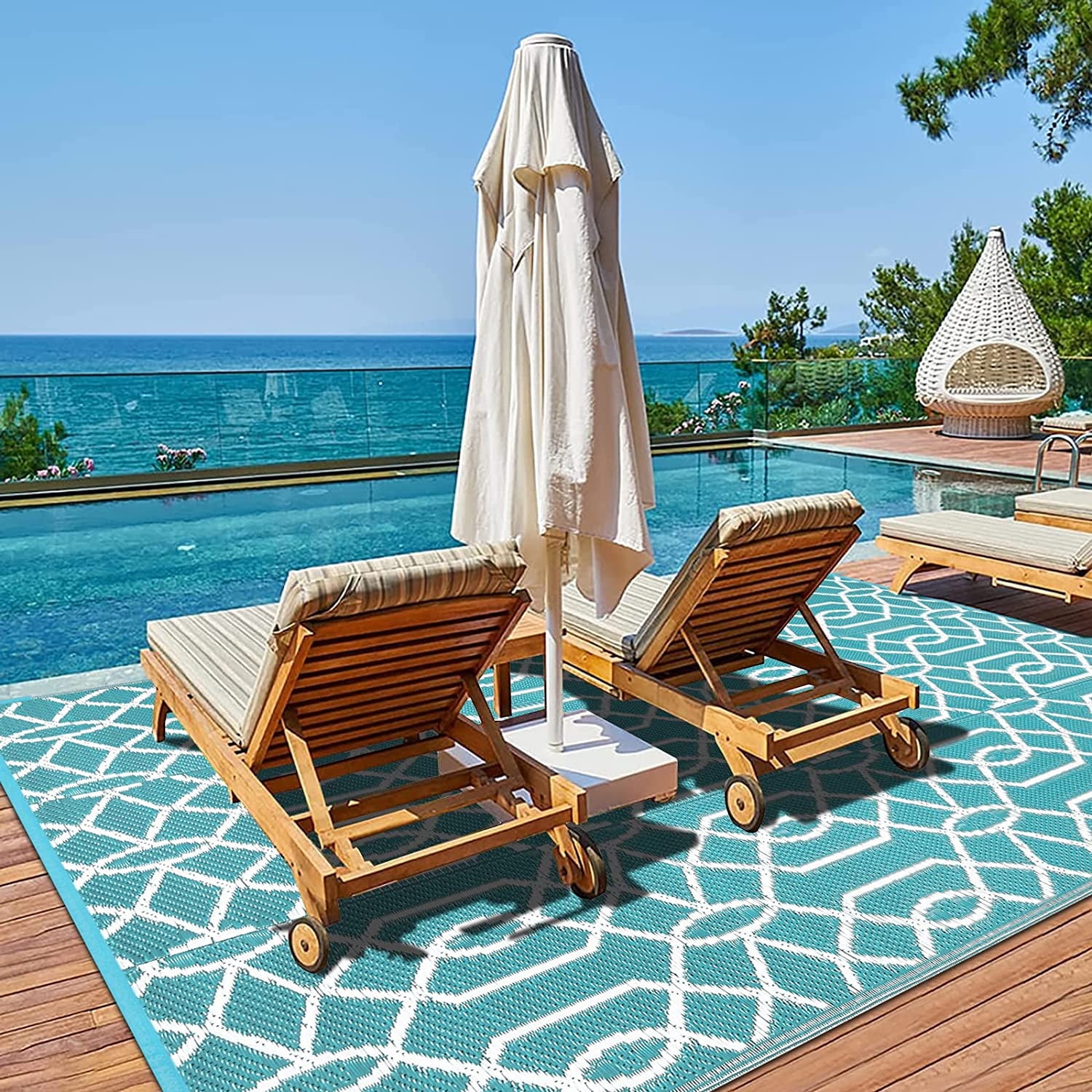 MJIAexp Curved Teal Geometric Outdoor Rug, 6' x 9', Waterproof ...