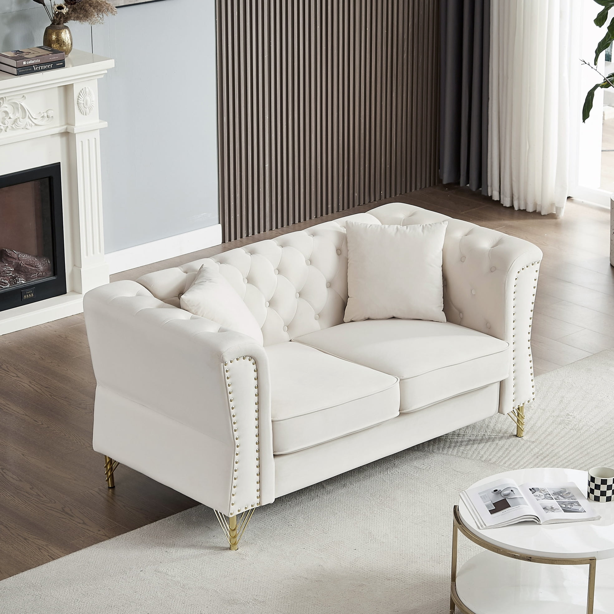 60.2 Classic Chesterfield Sofa with Rolled Arms 2 Seater Sofa Tufted Couch with Metal Foot and Nailhead Ergonomic Velvet Low Back Sofa with 2