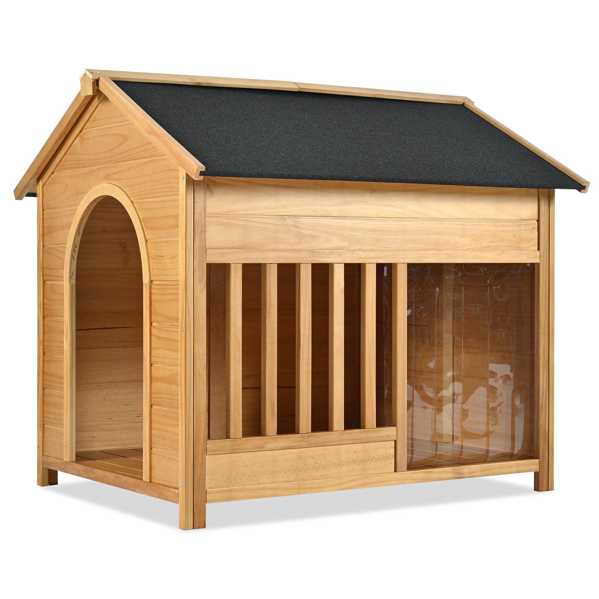 60.2" Large Wooden Dog House with Porch, Cabin Style Dog Crate with ...