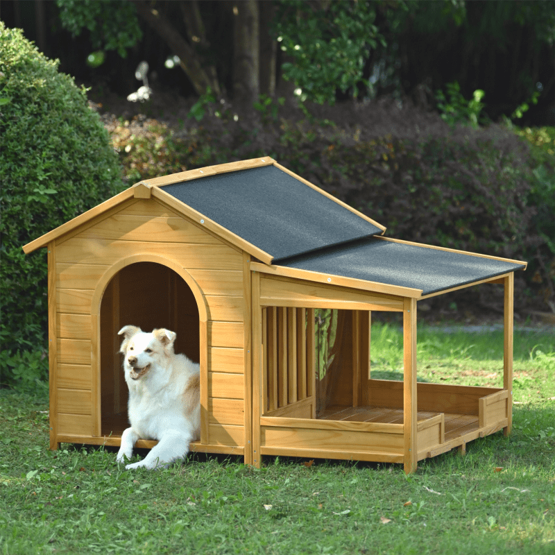 60.2" Large Wooden Dog House with Porch, Cabin Style Dog Crate with ...