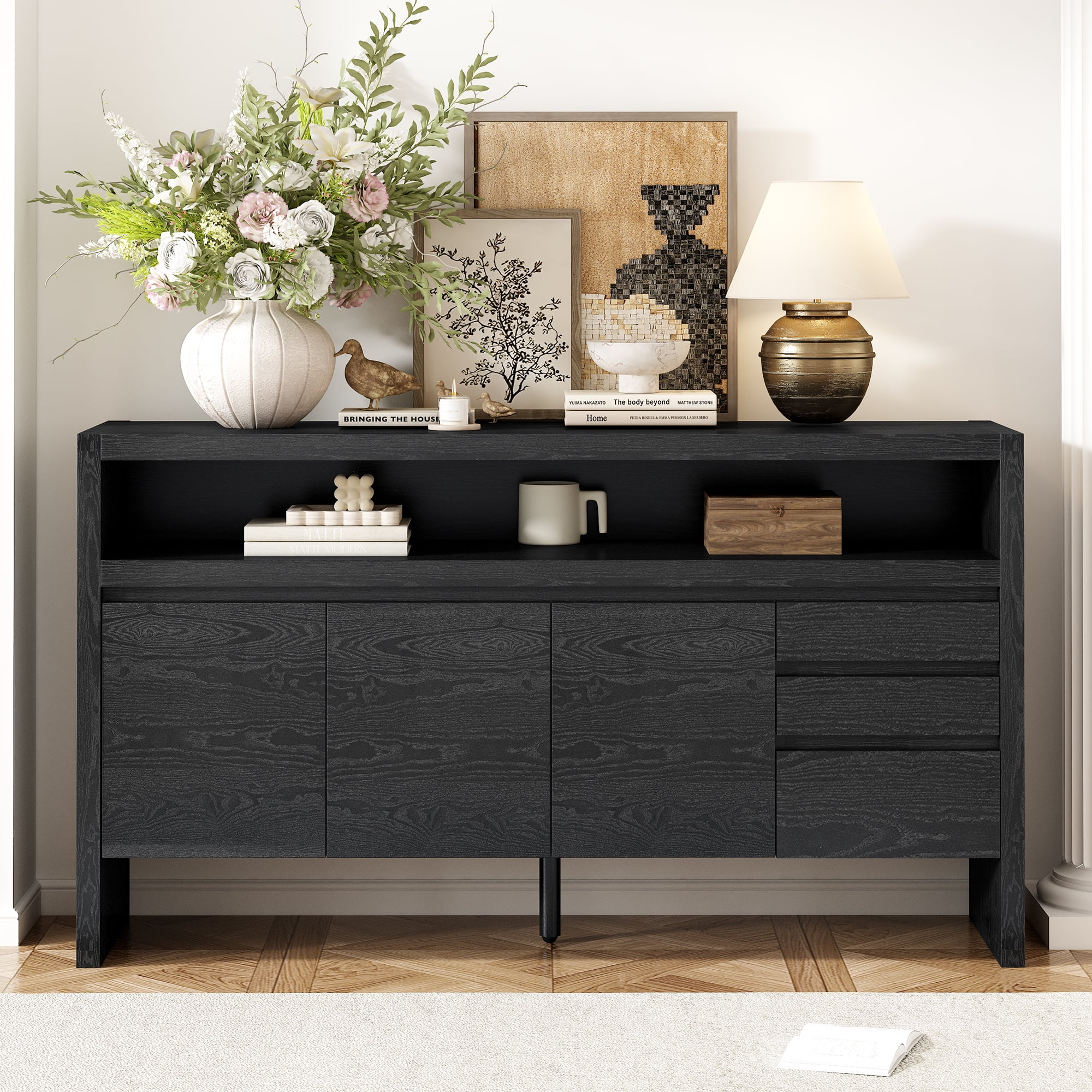 60" 3-Door Sideboard with 3 Drawers - Modern Solid Ash Veneer MDF ...