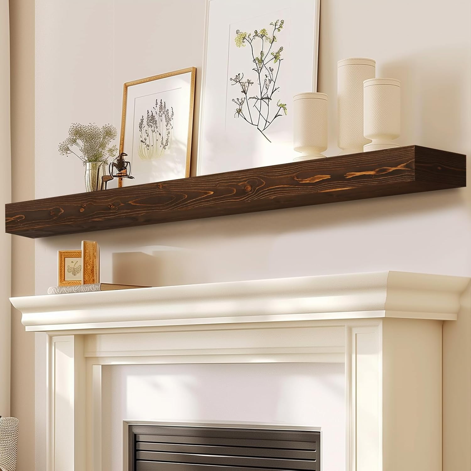 60" Fireplace Mantel 5'' Thick Handmade Hollow Solid Wood Wall Long ...