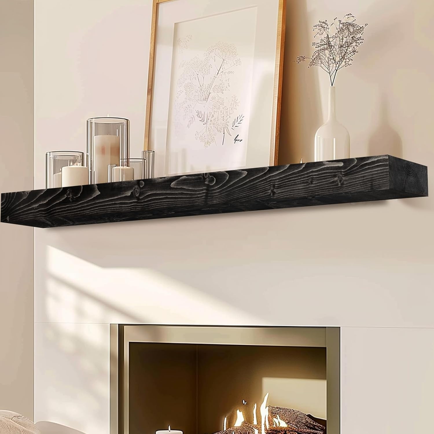 60" Fireplace Mantel 5'' Thick Handmade Hollow Solid Wood Wall Long ...