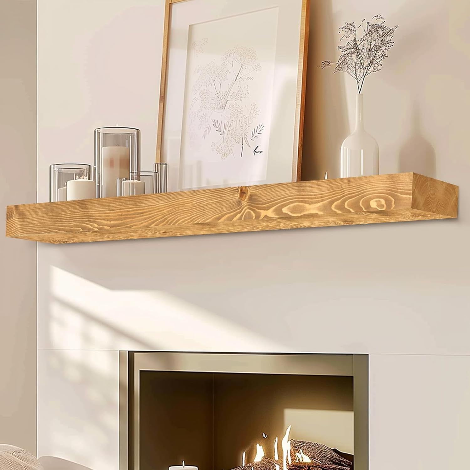 60" Fireplace Mantel 5'' Thick Handmade Hollow Solid Wood Wall Long ...