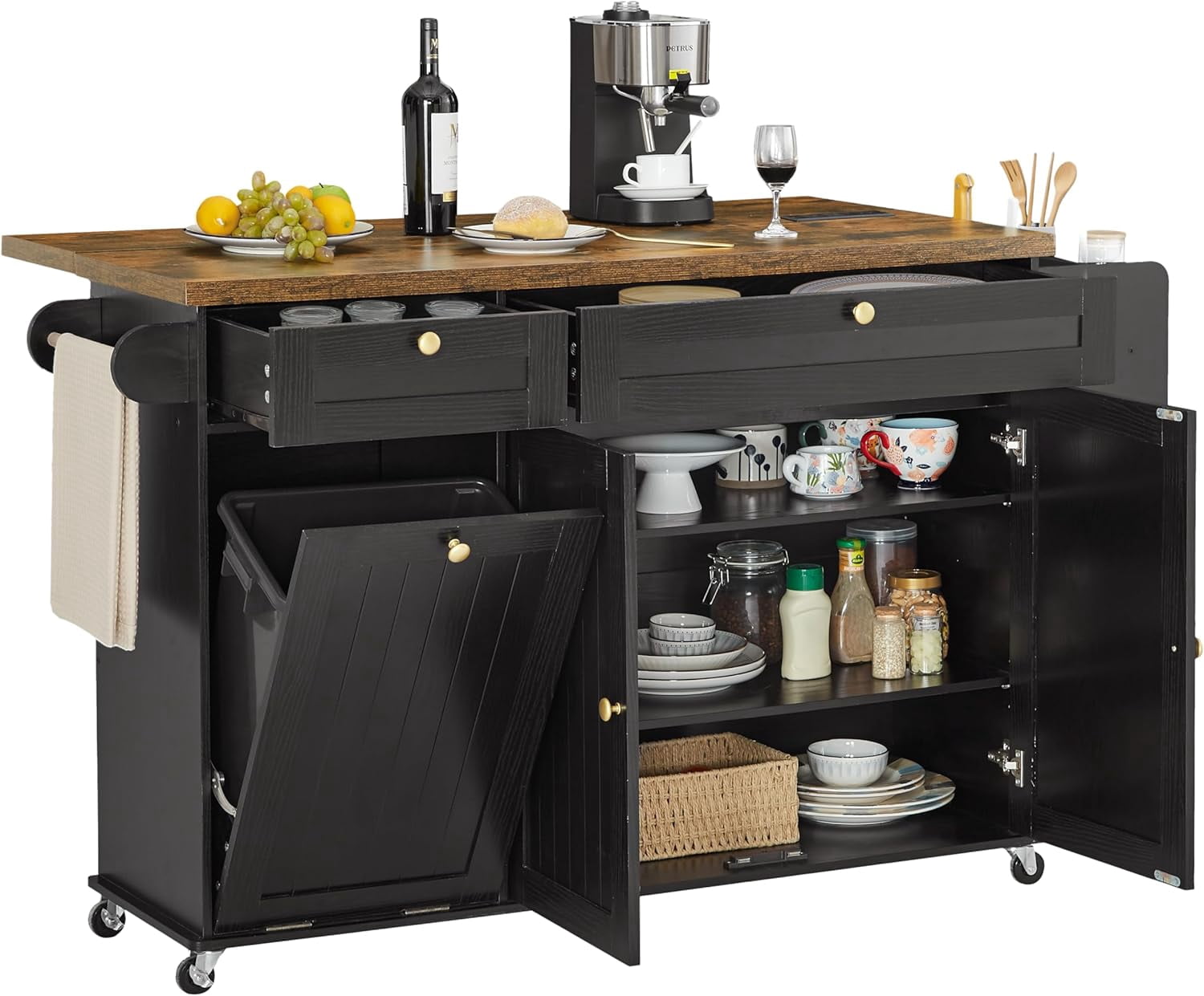 60" Island with Power Outlet & Drop Leaf Rolling Island with Spice ...