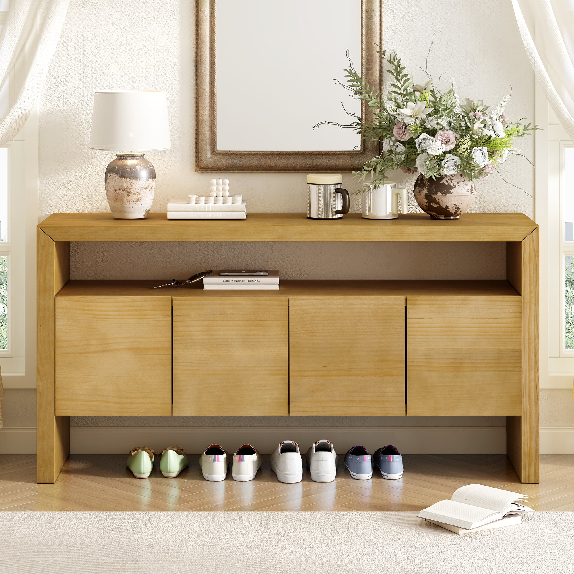 60" 4-Door Sideboard, Modern Minimalist Solid Wood Veneer Sideboard with Open Shelf, Natural ...
