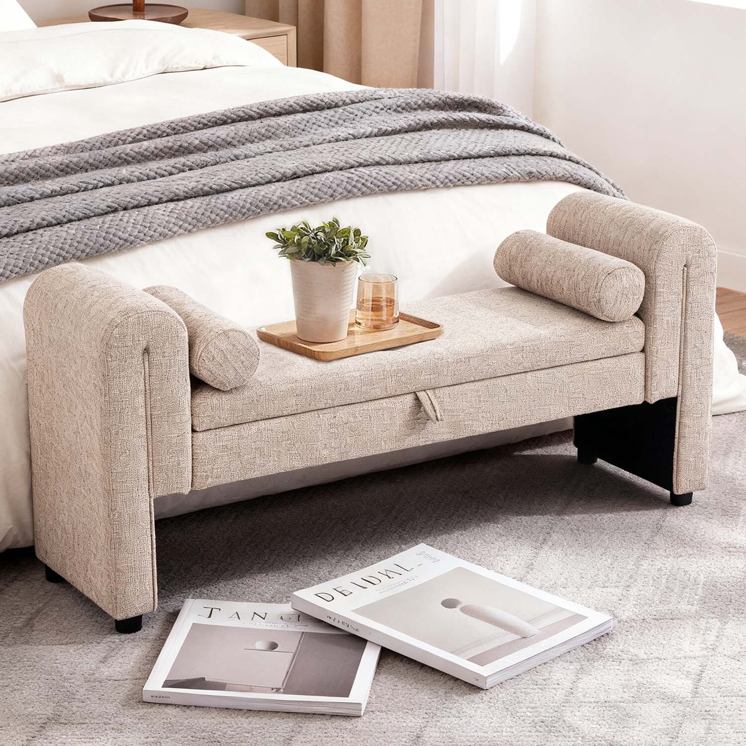 60.5'Storage Bench with Armrests and Bolster Pillows, Upholstered ...
