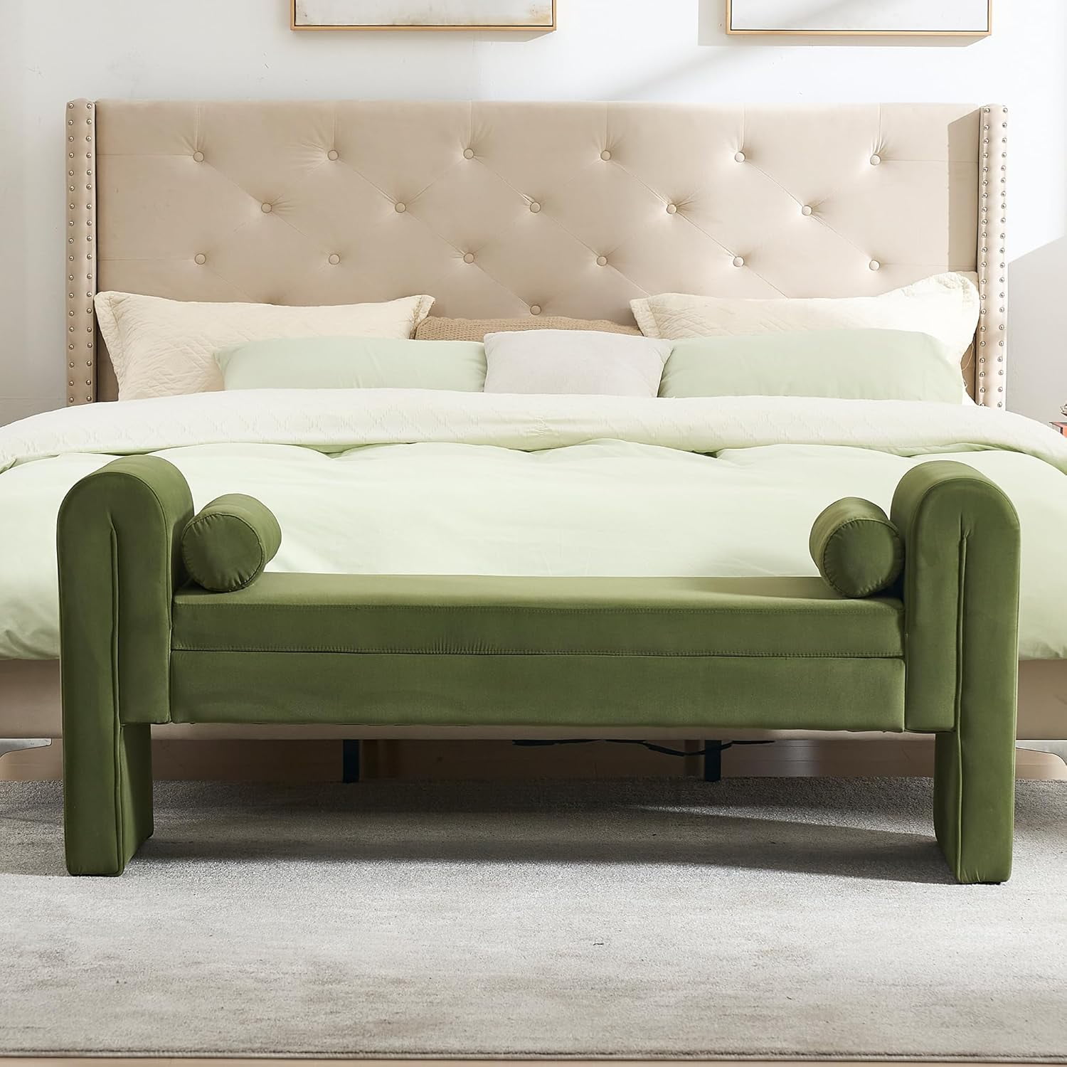 60.5" Velvet Upholstered Rolled Bench for Living Room, Modern Bench for ...