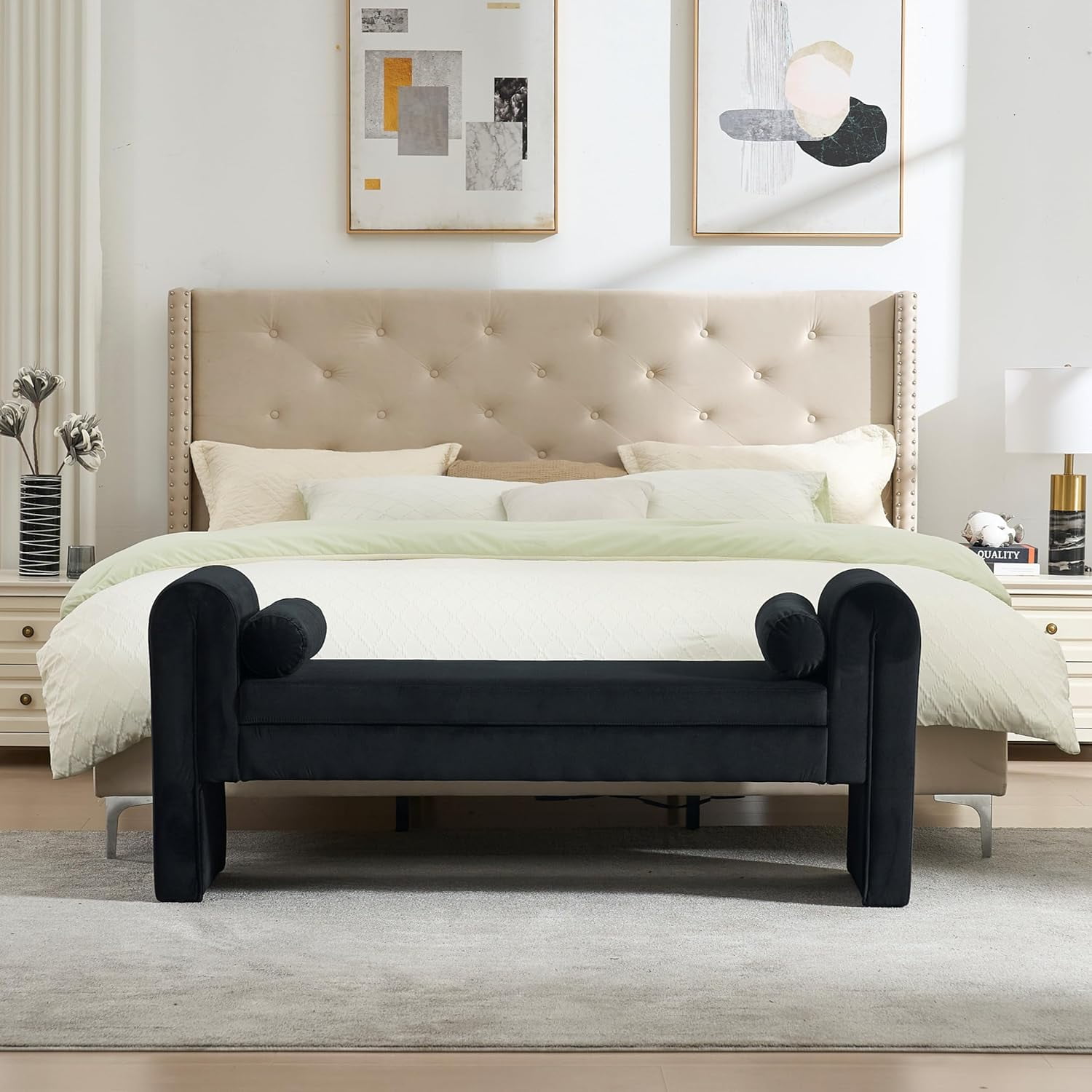 60.5" Velvet Upholstered Rolled Bench for Living Room, Modern Bench for ...