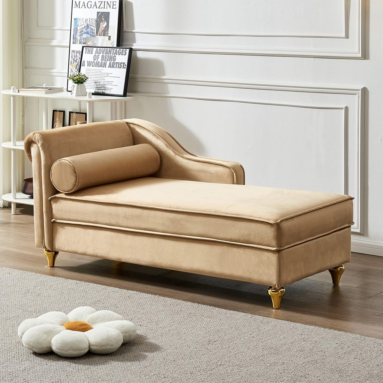 60.6" Velvet Chaise Lounge Chair with Hidden Storage Space, Golden Legs and Pillow, Modern ...