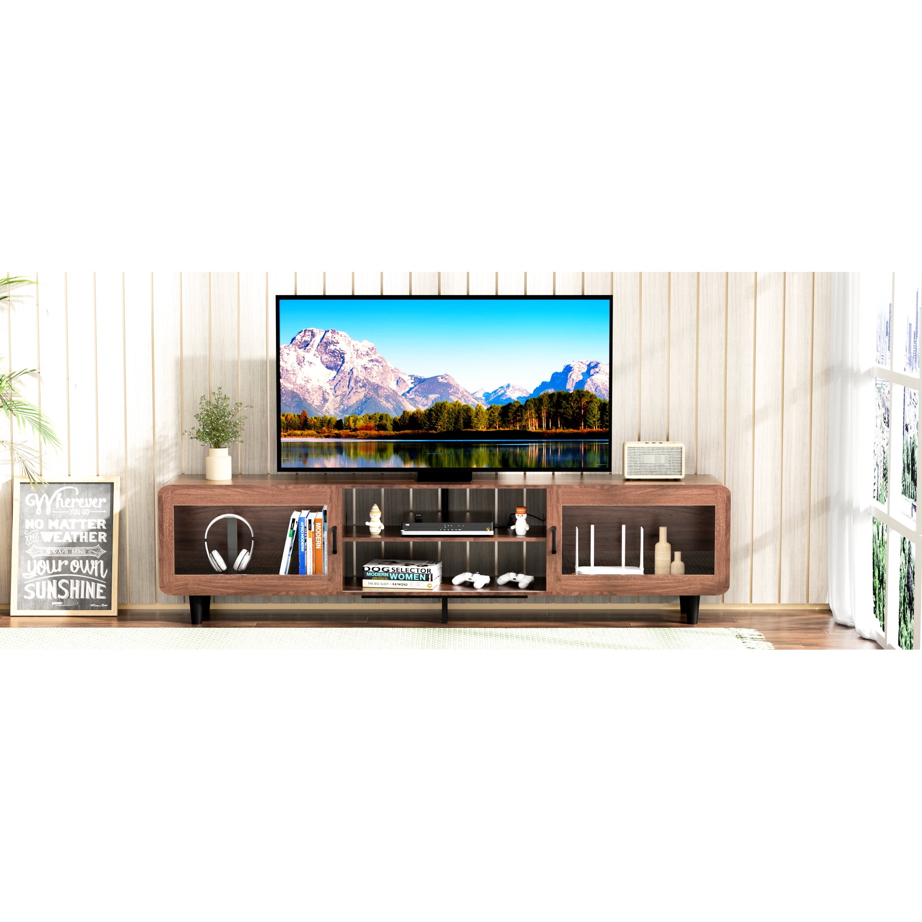 60 - 69 Inch Tv Fit Walnut Media Console With Sliding Doors & Charging ...