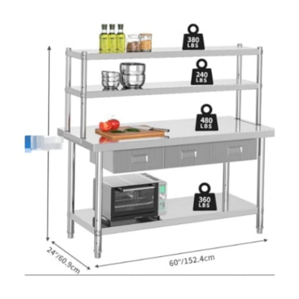 60/72" Stainless Steel Table with Overshelves and 3 Drawers, NSF Work ...