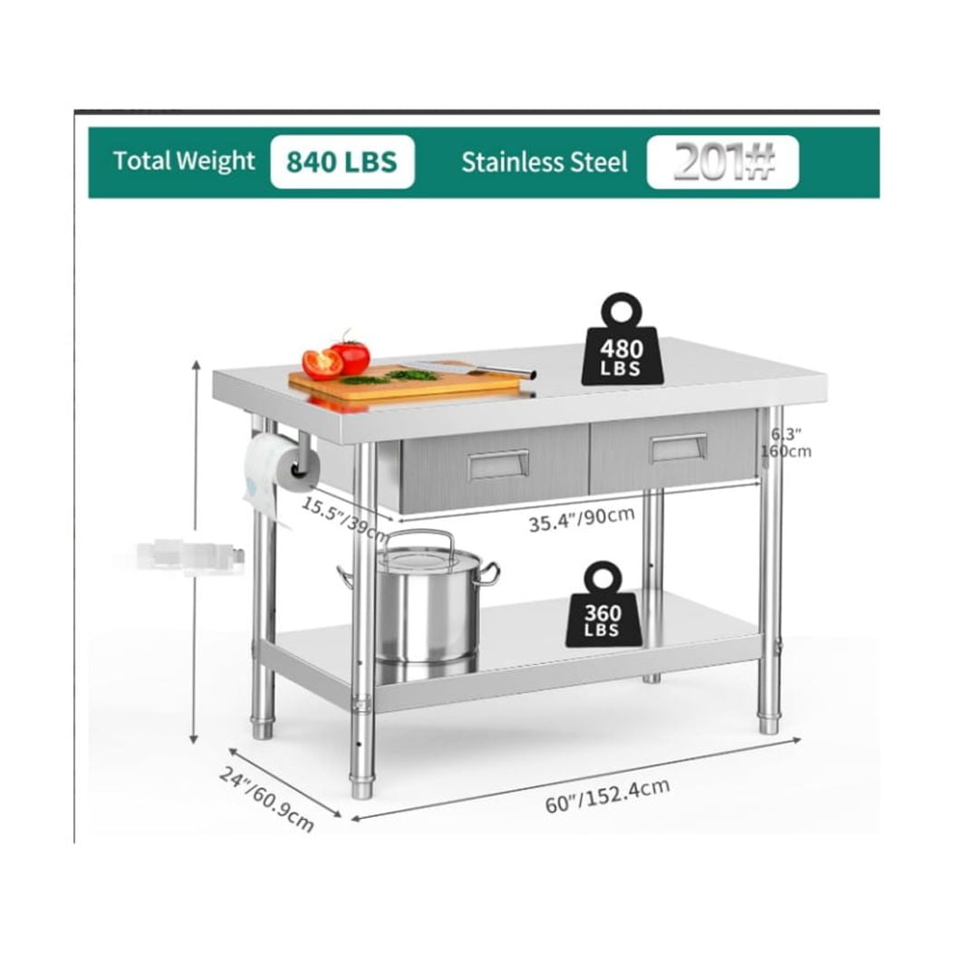 60/72" Stainless Steel Workbench with 1/2/3 Drawers, Paper Towel Holder ...