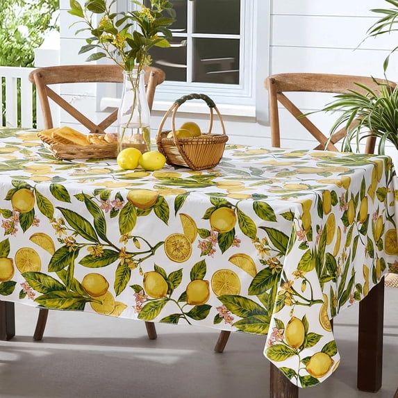 60×84 Inch Lemon Print Vinyl Tablecloth with Flannel Backing, Wipe ...