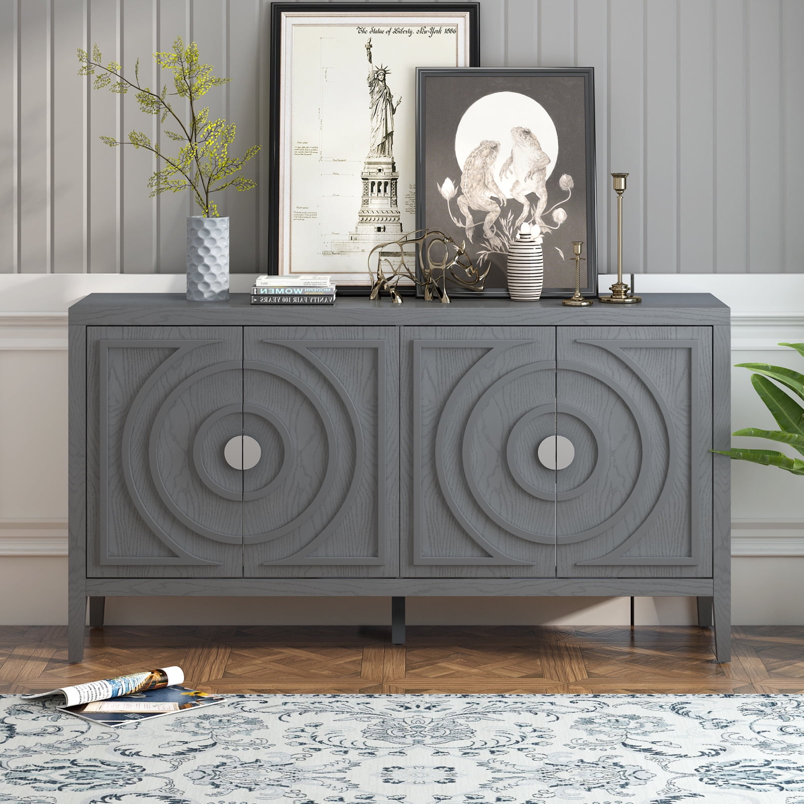60" Accent Cabinet with 4 Doors&Shelves, Retro Sideboarddoor with ...