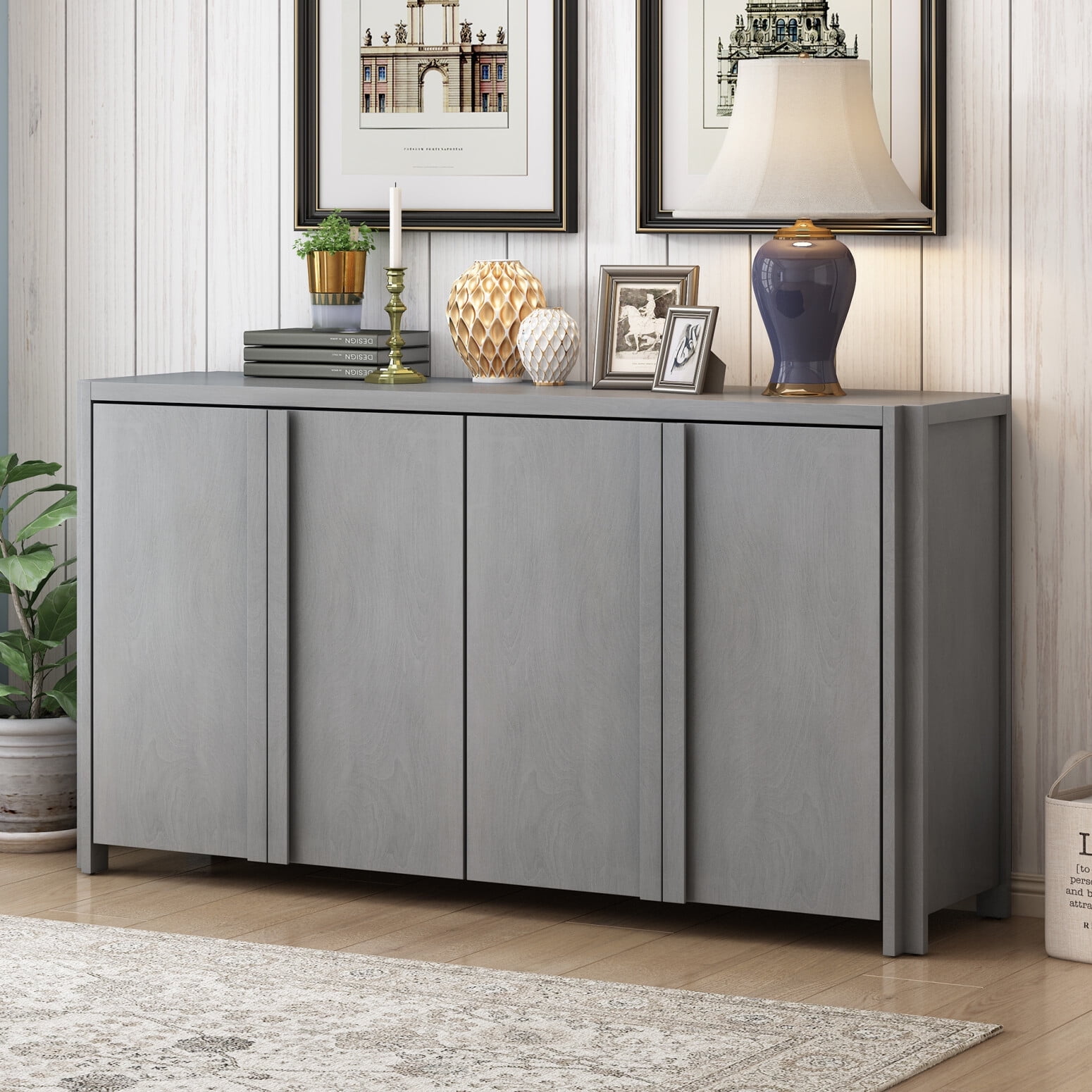 60" Accent Storage Cabinet, Modern Multi-Function Wooden Buffet ...