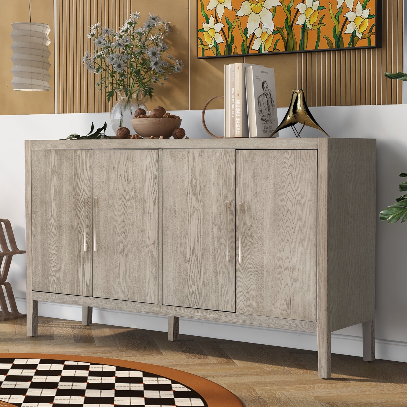 60" Accent Storage Cabinet, Wooden Sideboard Cabinet with 4 Metal ...