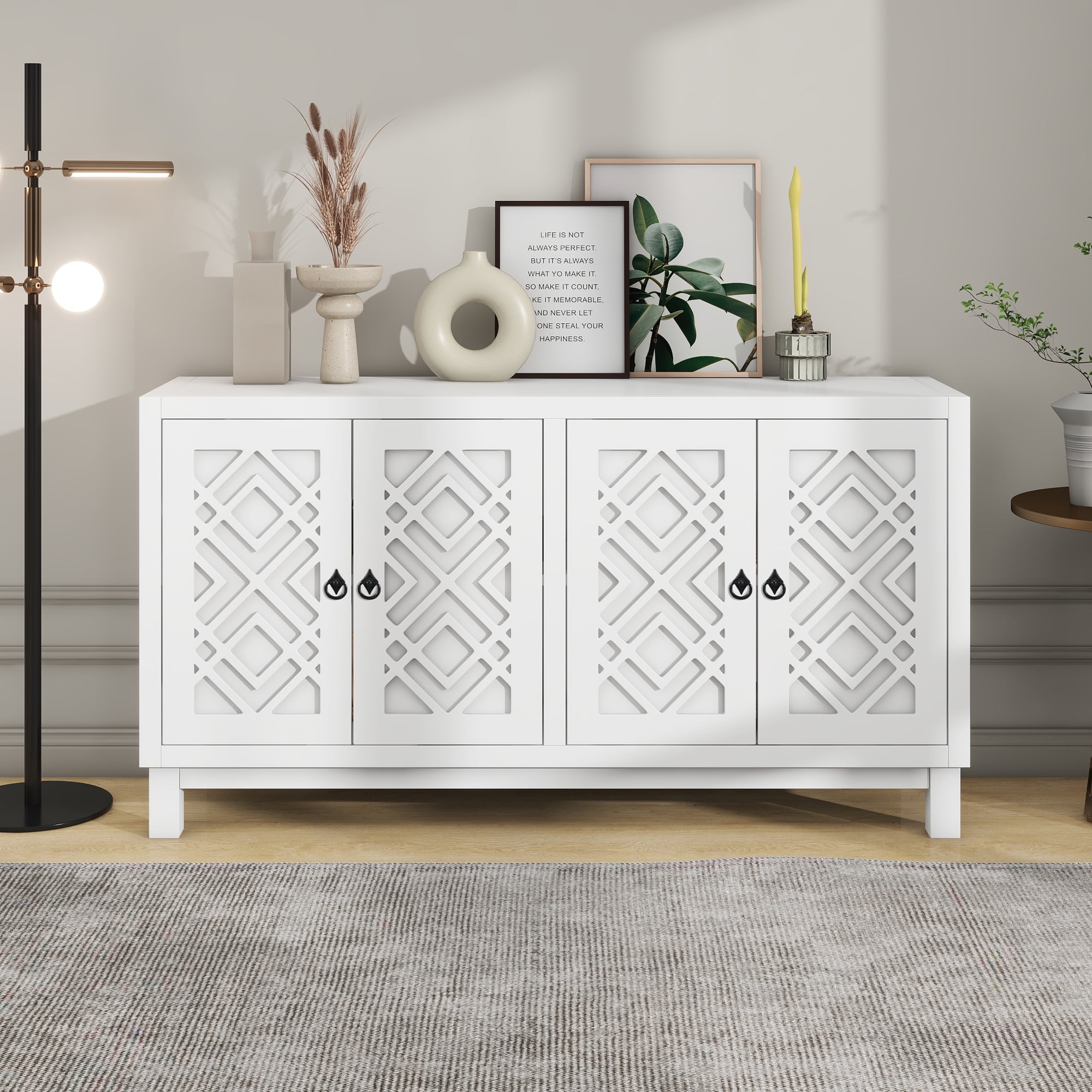 60" Acrylic Buffet Sideboard Cabinet, 4 Carved Door Modern Accent ...