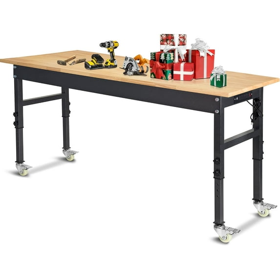 60" Adjustable Work Bench, Rubber Wood Top Workbench Heavy-Duty Work ...