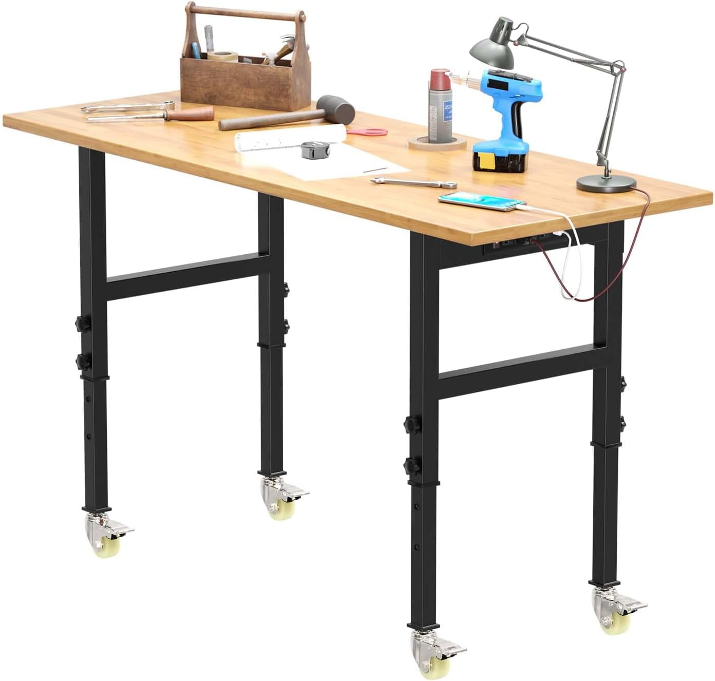 60" Adjustable Workbench with Power Outlets, Rubber Wood Top Heavy-Duty ...