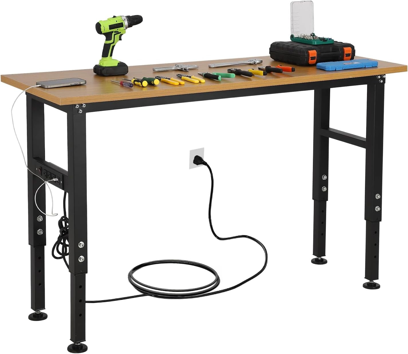 60" Adjustable Workbench with Power Outlet, Heavy Duty 60" x 20" Work ...
