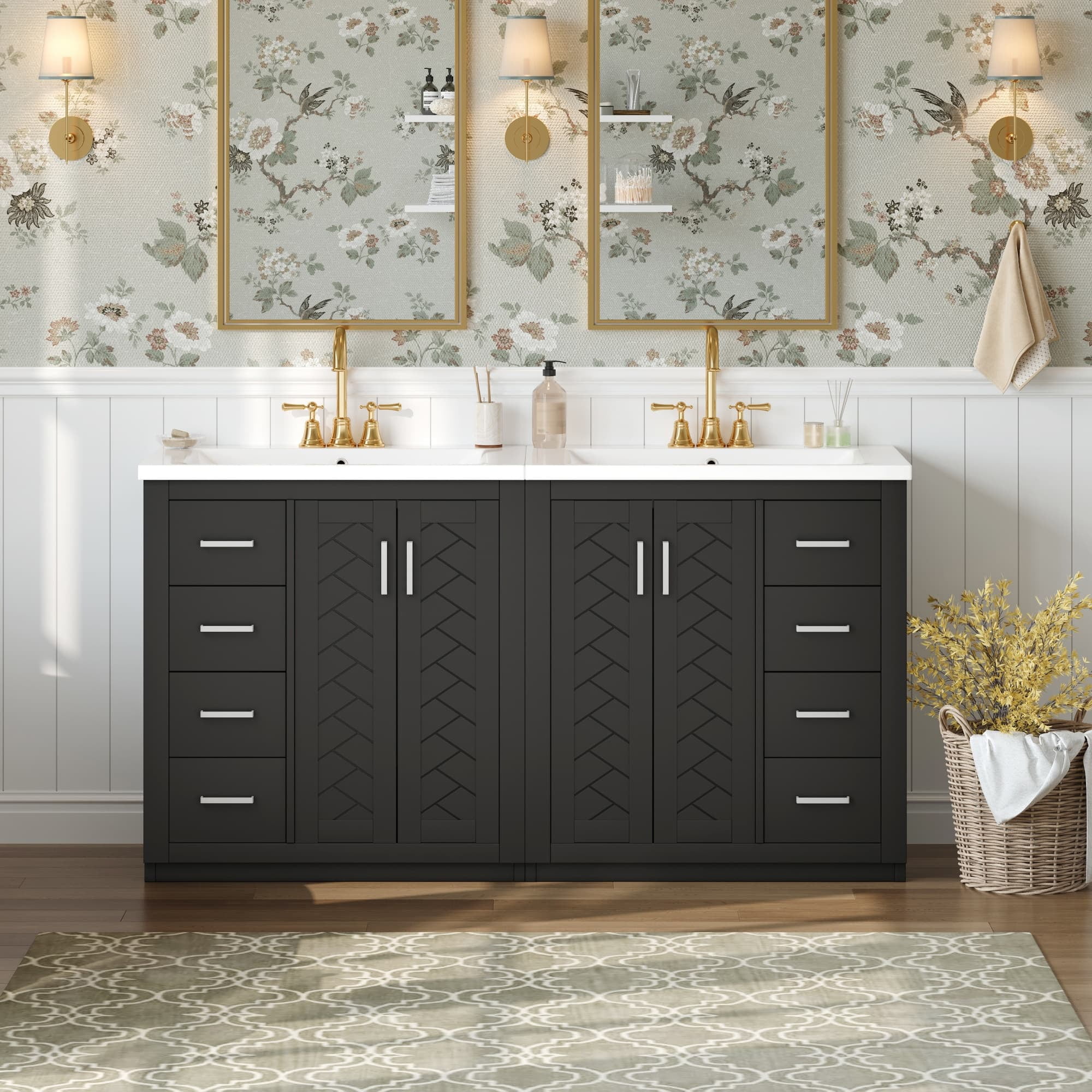 60'' Bathroom Vanity with Ceramic Sink Combo,Solid Wood Frame Bathroom ...
