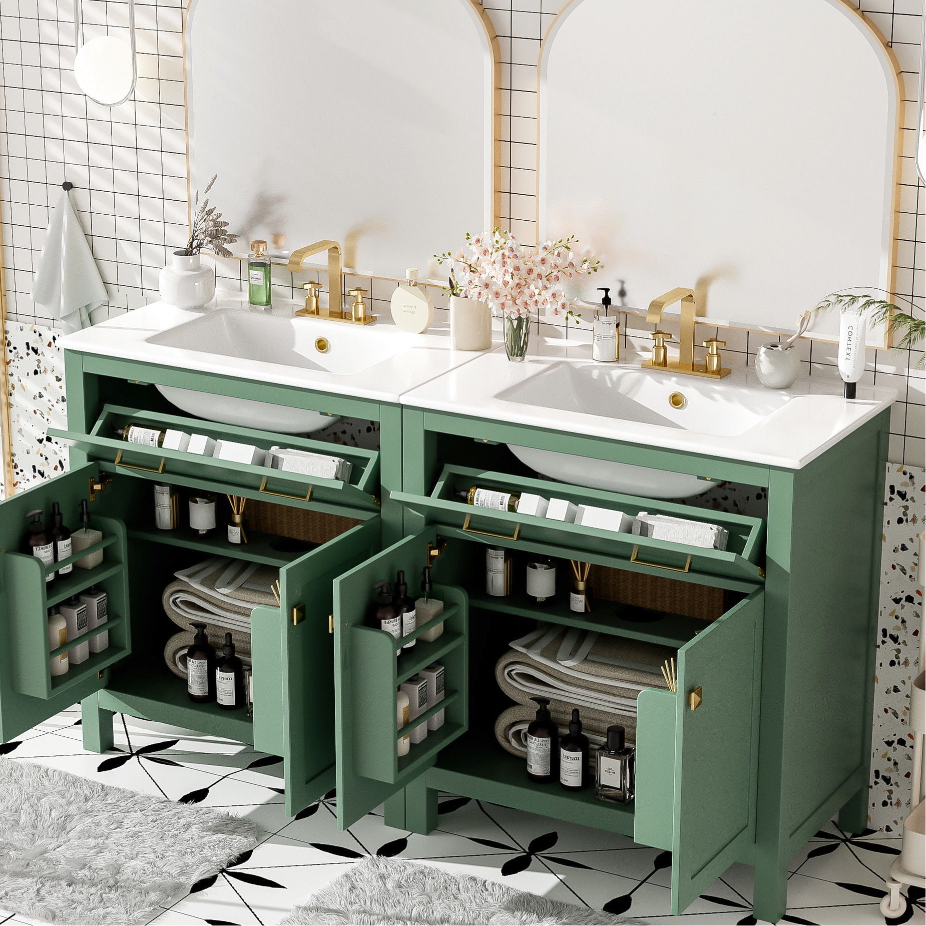 60" Bathroom Vanity with Double Sinks | U - Shaped Shelf, Soft Close ...