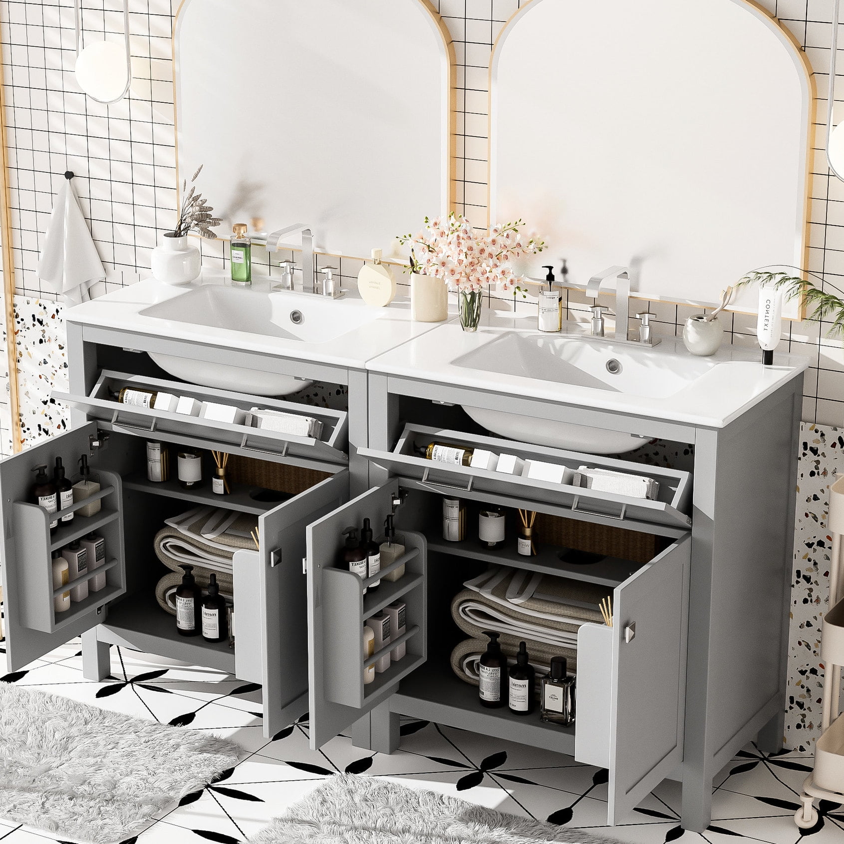 60" Bathroom Vanity with Double Vanities, 45 - Degree Tilt Drawer & U ...
