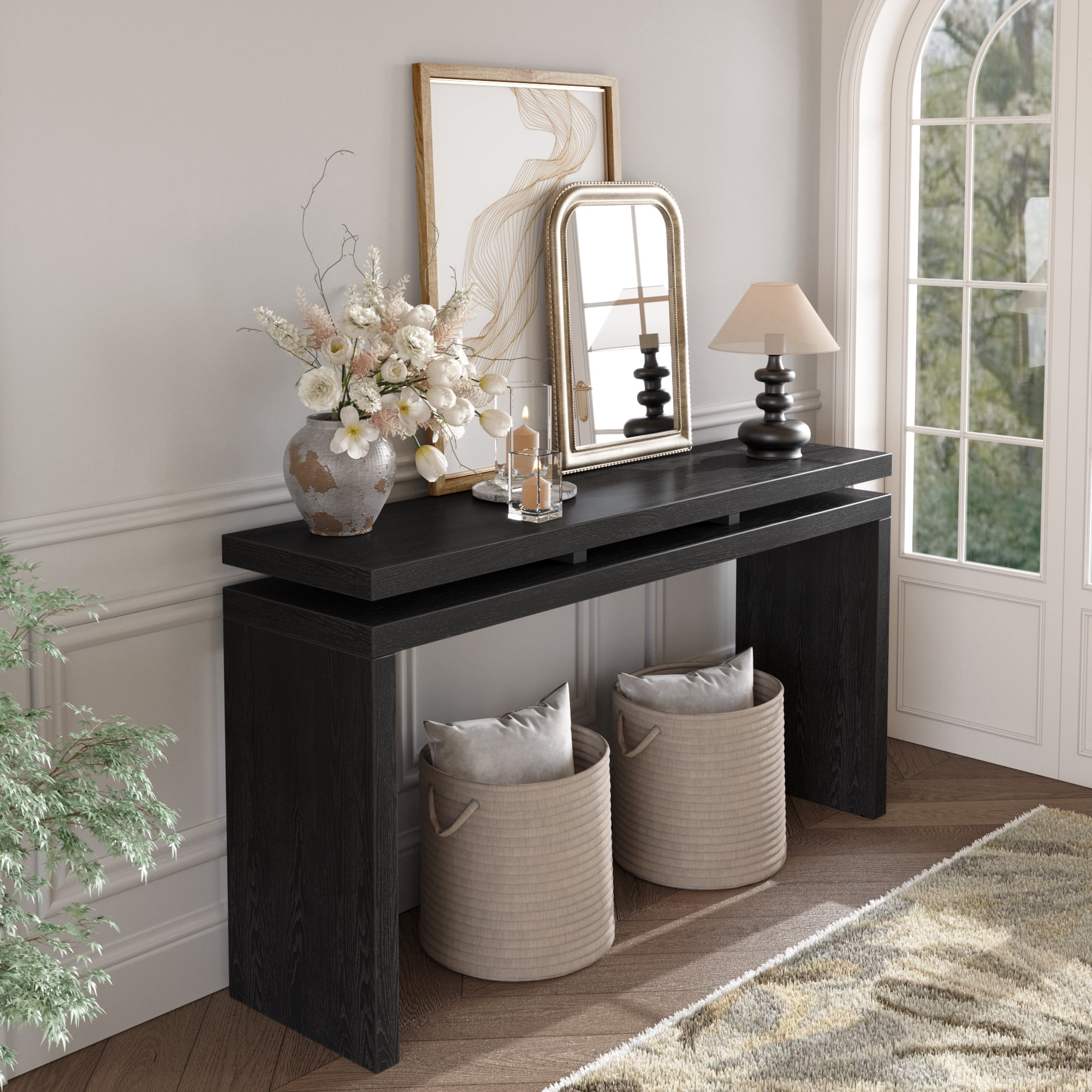 60'' Black Farmhouse Console Table - Retro Wooden Entryway Table with ...