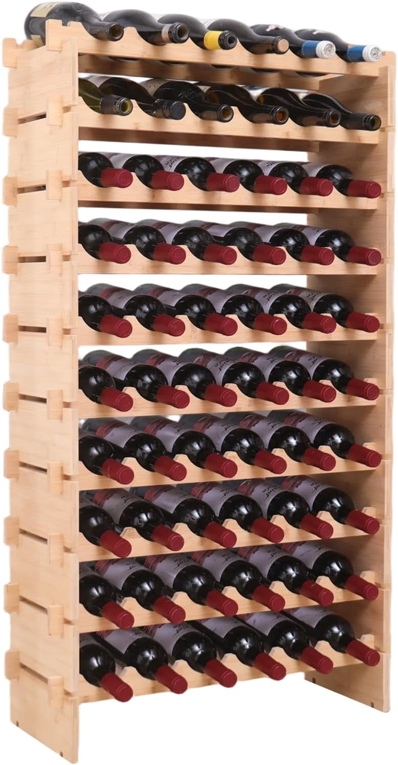 60 Bottles Bamboo Stackable Modular Bamboo Wine Rack, 10-Tier Wooden ...