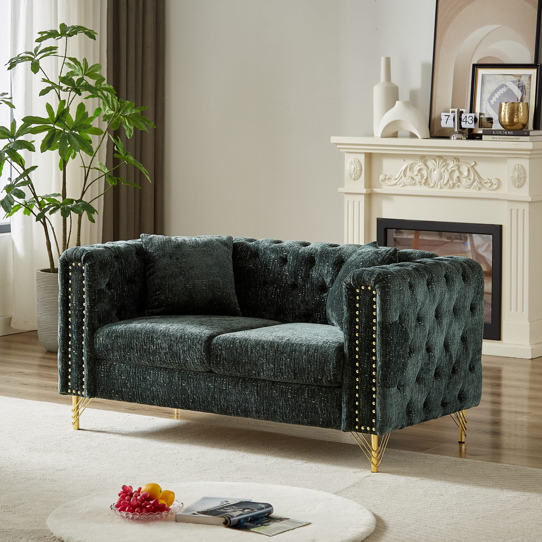 60" Chenille Chesterfield Sofa with Pull Buckle Design & Tufted Buttons ...