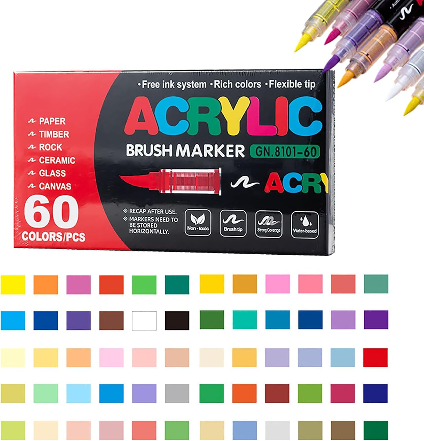 60 Colors Acrylic Paint Markers - Soft Brush Tip, Waterproof & Quick ...