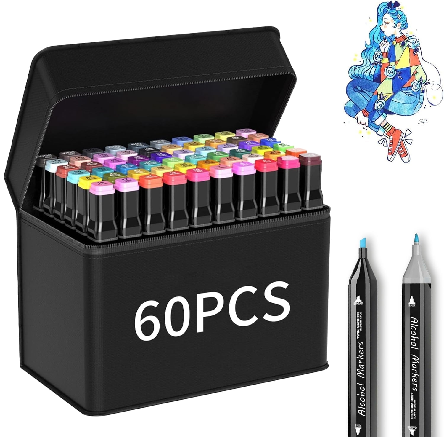 60 Colors Alcohol Markers Set,ANUNU Dual Tip Art Markers，Drawing ...
