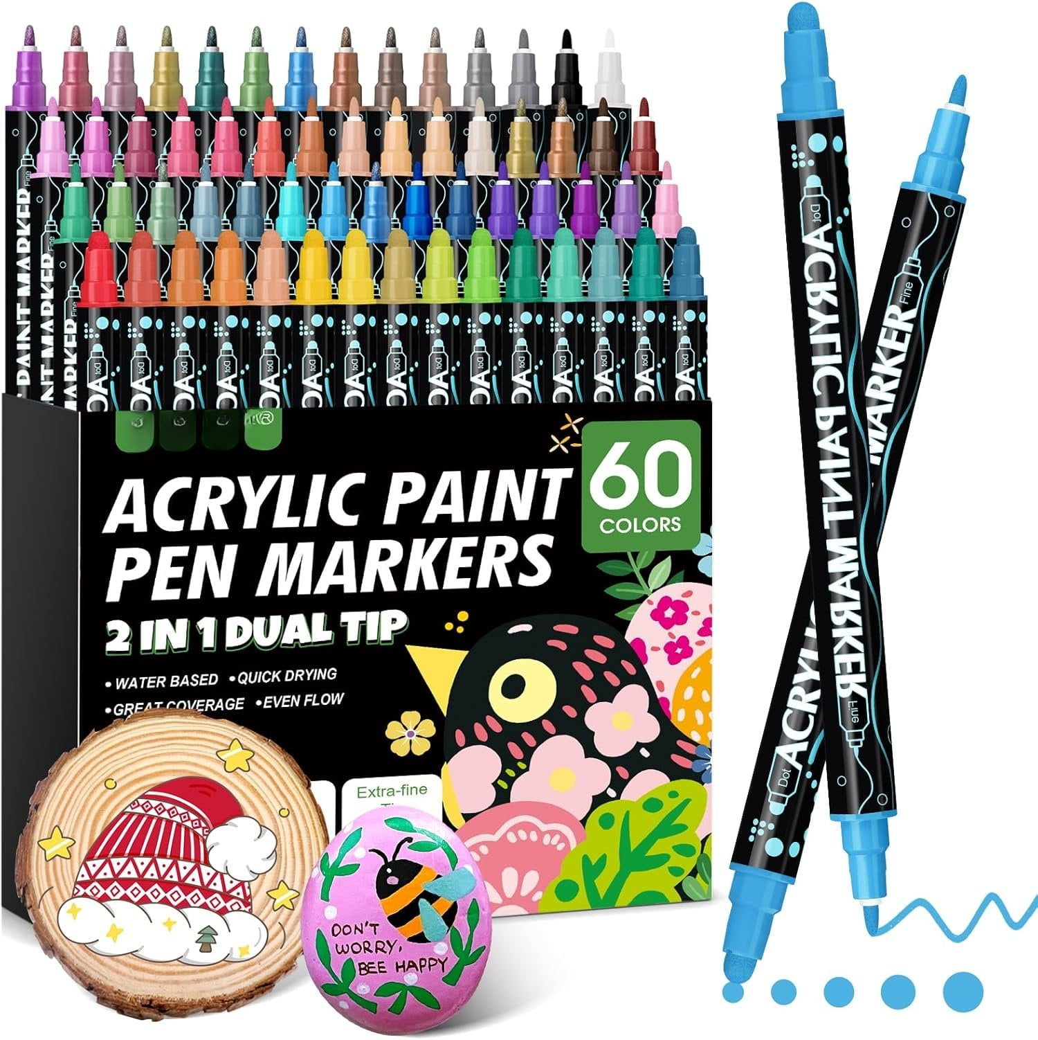 60 Colors Marker Dual Tip(Fine and Dot Tip), Pens Markers for , Rock ...