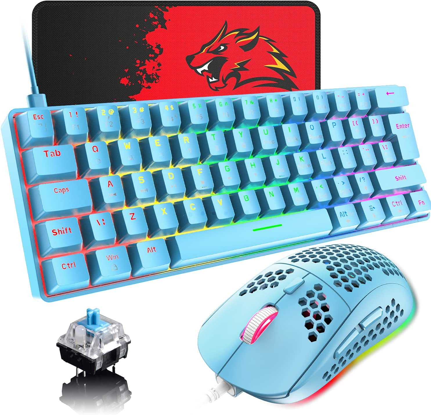 60% Compact Wired Mechanical Gaming Keyboard, Blue Switches, Rainbow ...