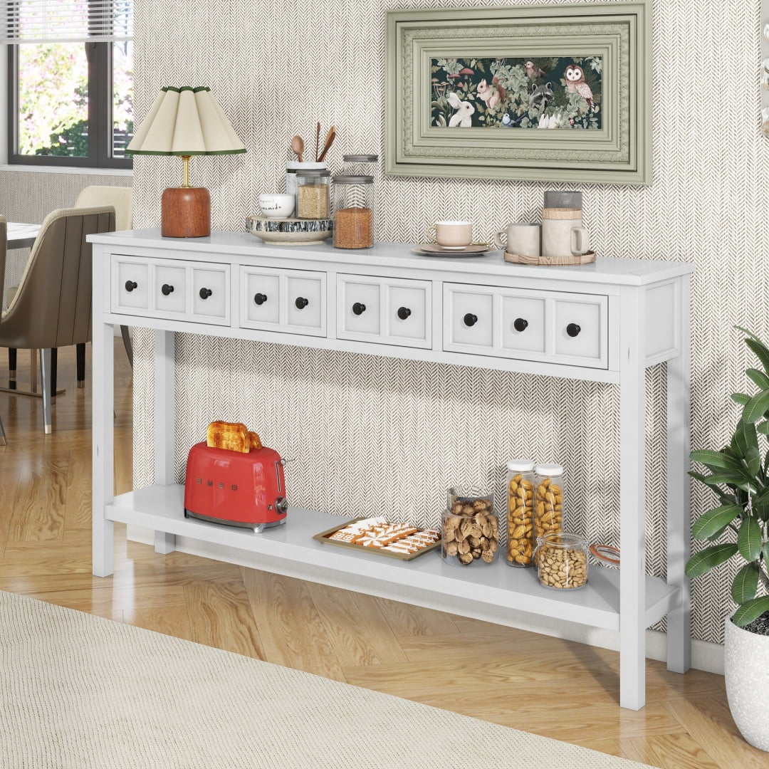 60" Console Table, Narrow Wood Accent Sofa Table with 4 Storage Drawers ...