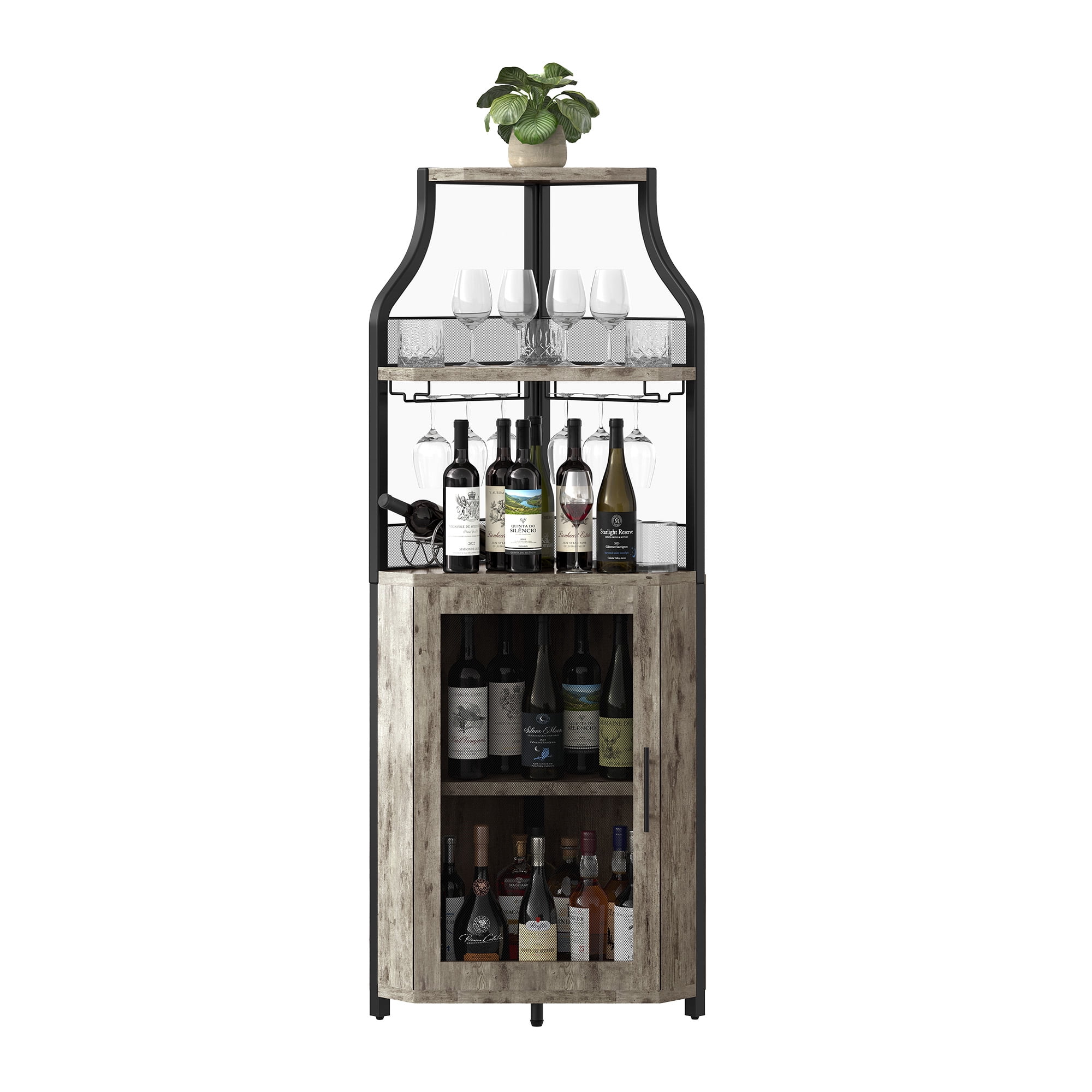 60" Corner Bar Cabinet,Wine Storage Cabinet with Wine Rack & Glass ...