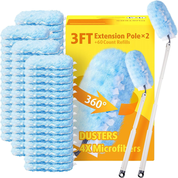 60 Count Heavy Duty Duster Refills with Two 3 ft Extendable Handle ...