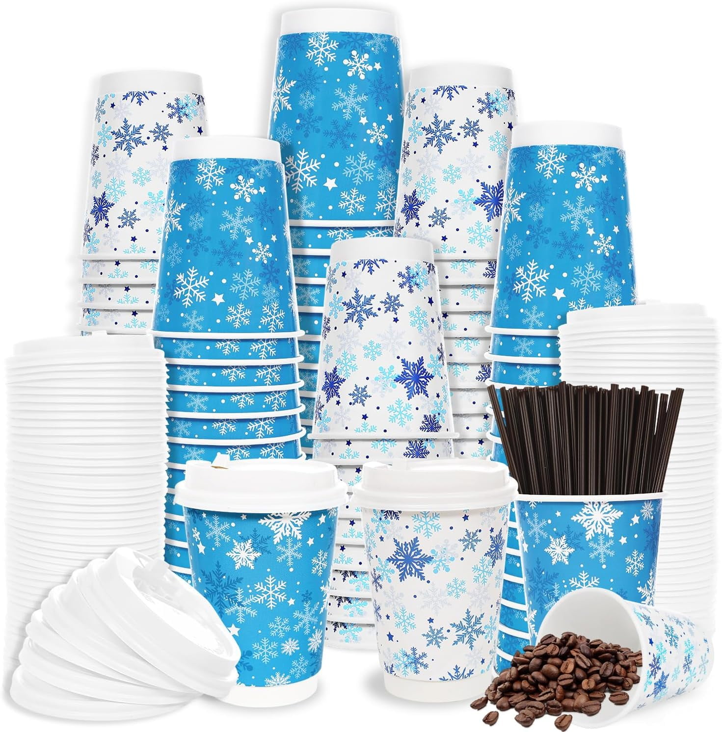 60 Count Snowflake Paper Cups - 12 oz Disposable Beverage Cups with ...