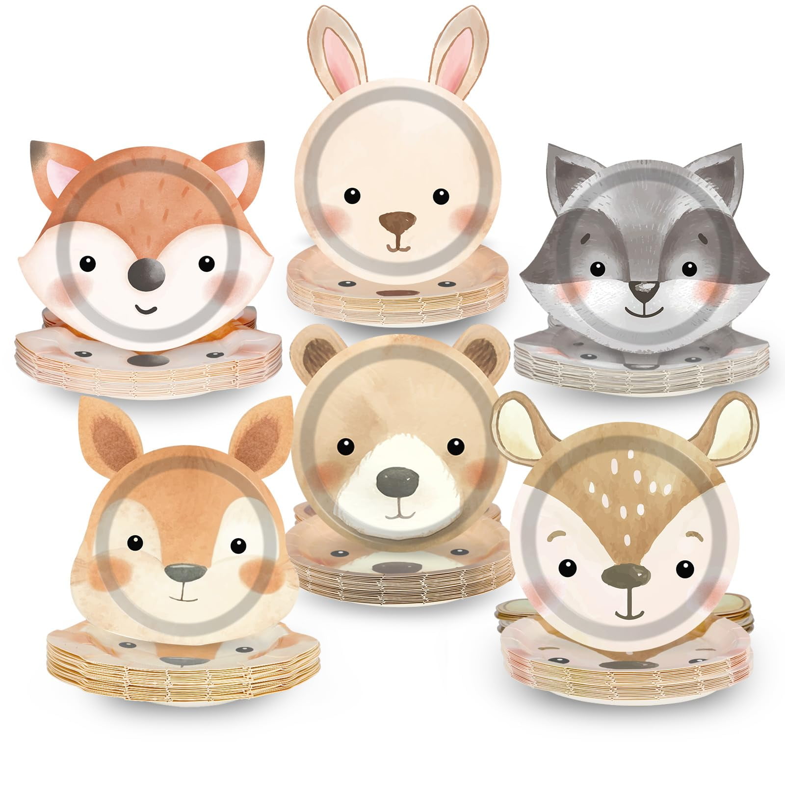 60 Count Woodland Party Paper Plates Animal Shaped Disposable Plates ...