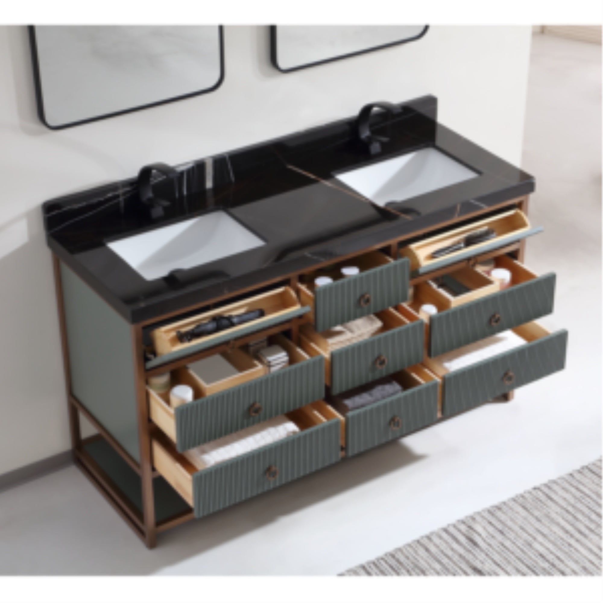 60" DOUBLE VANITY WITH GOLDEN BRUSH STAINLESS STEEL FRAME AND PEWTER ...
