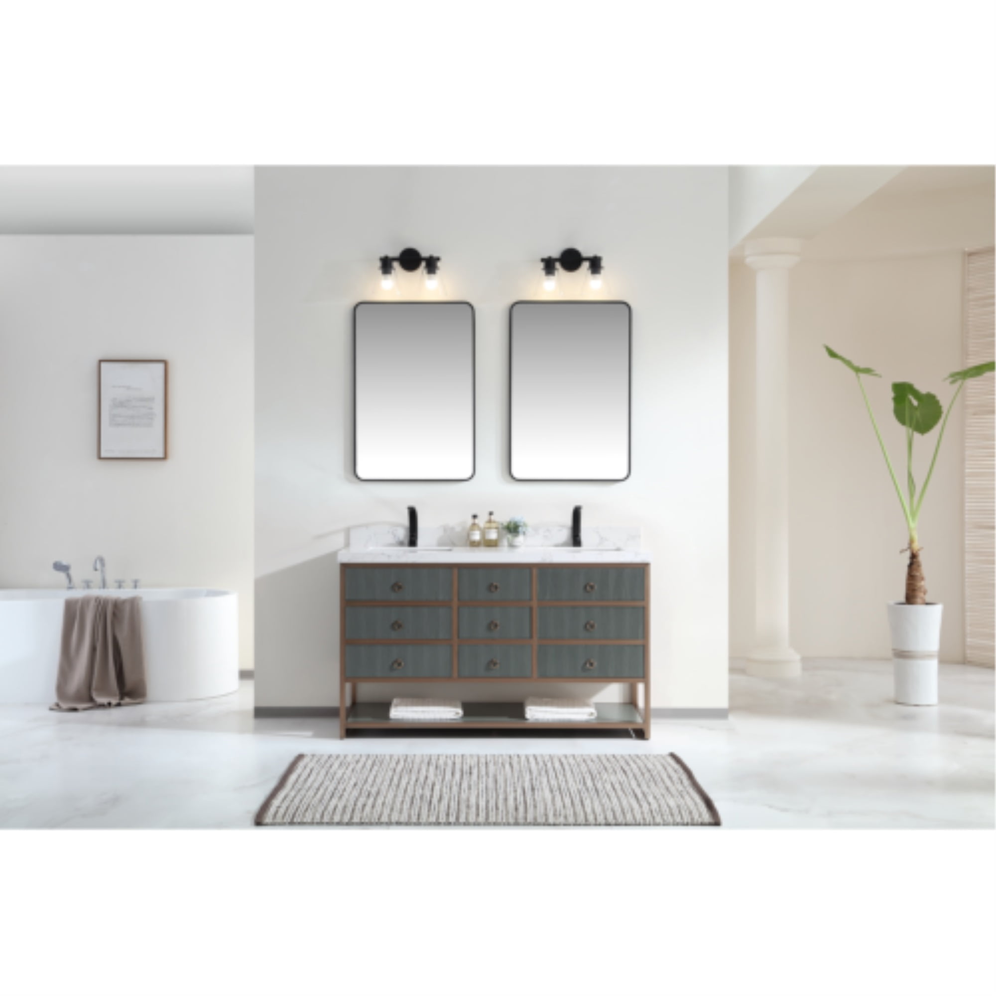 60" DOUBLE VANITY WITH GOLDEN BRUSH STAINLESS STEEL FRAME AND PEWTER ...