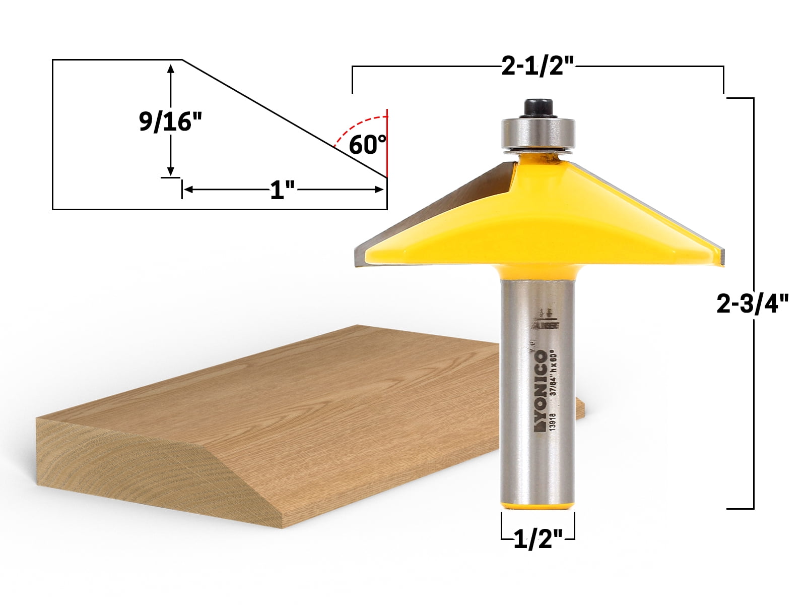 60 Degree Bevel Edge Forming Router Bit - 1/2" Shank - Yonico 13918 ...