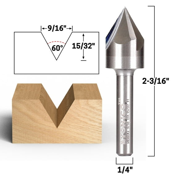 60 Degree V Groove Solid Carbide Router Bit - 1/4" Shank - Yonico ...